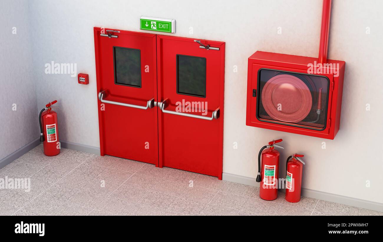 Fire exit door, exit sign, emergency fire button, extinguishers and ...