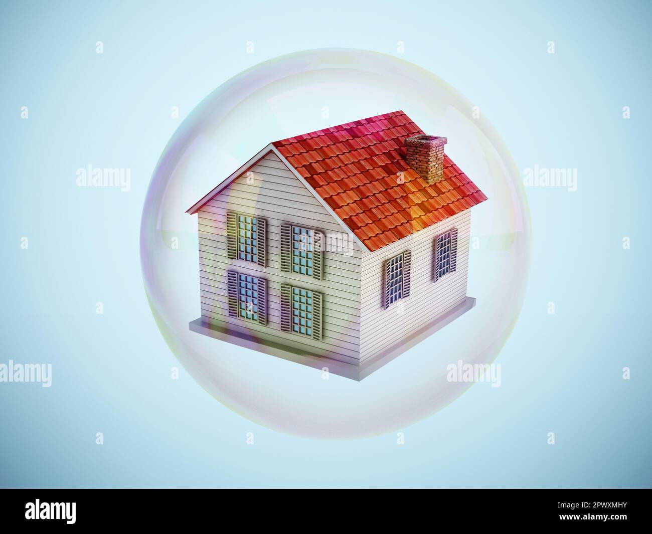 House inside a floating bubble. Real estate bubble concept. 3D ...