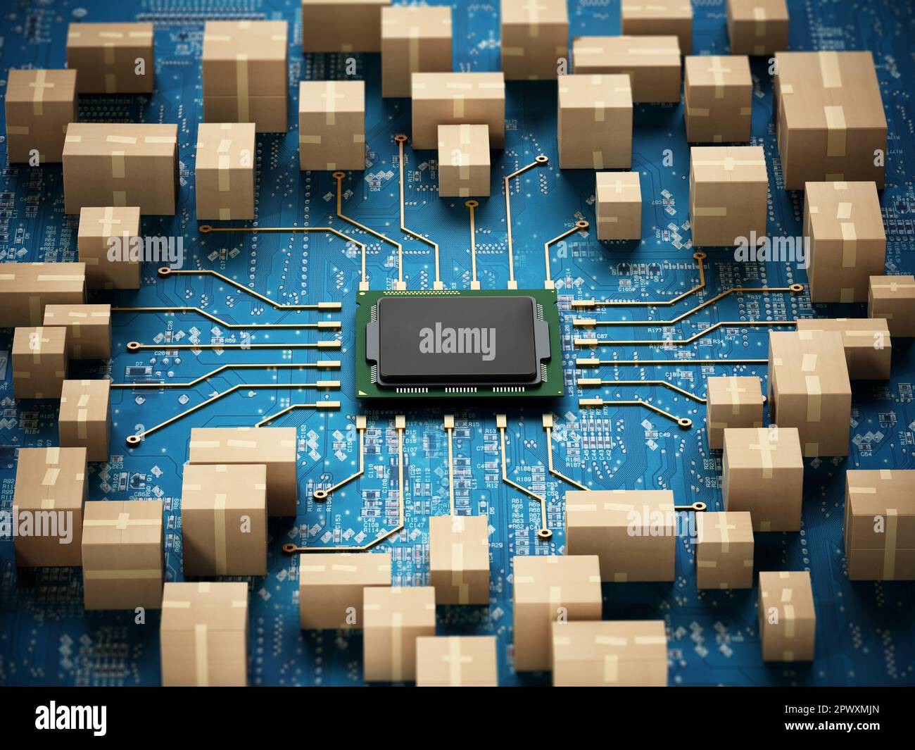 Cargo boxes standing around mainboard with a CPU in the center. Cargo ...