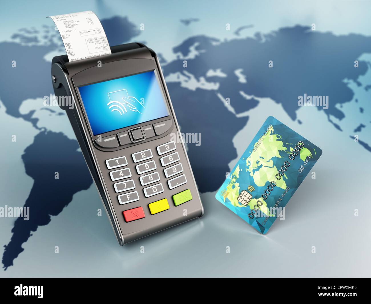 POS machine and credit card standing on world map background. 3D ...