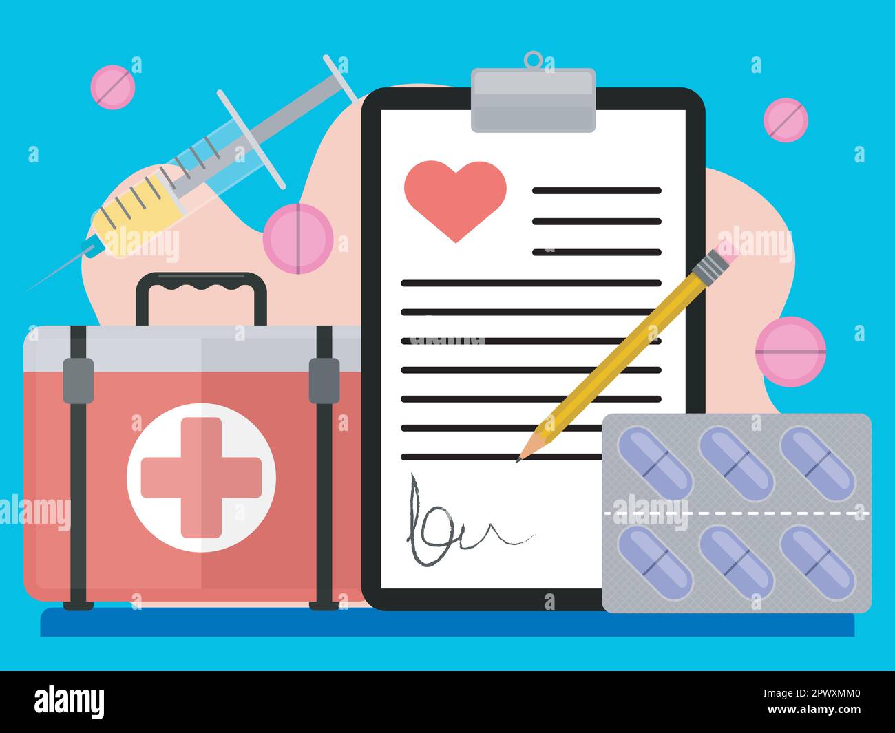 compositional image consists of pills, medical case, syringe and ...