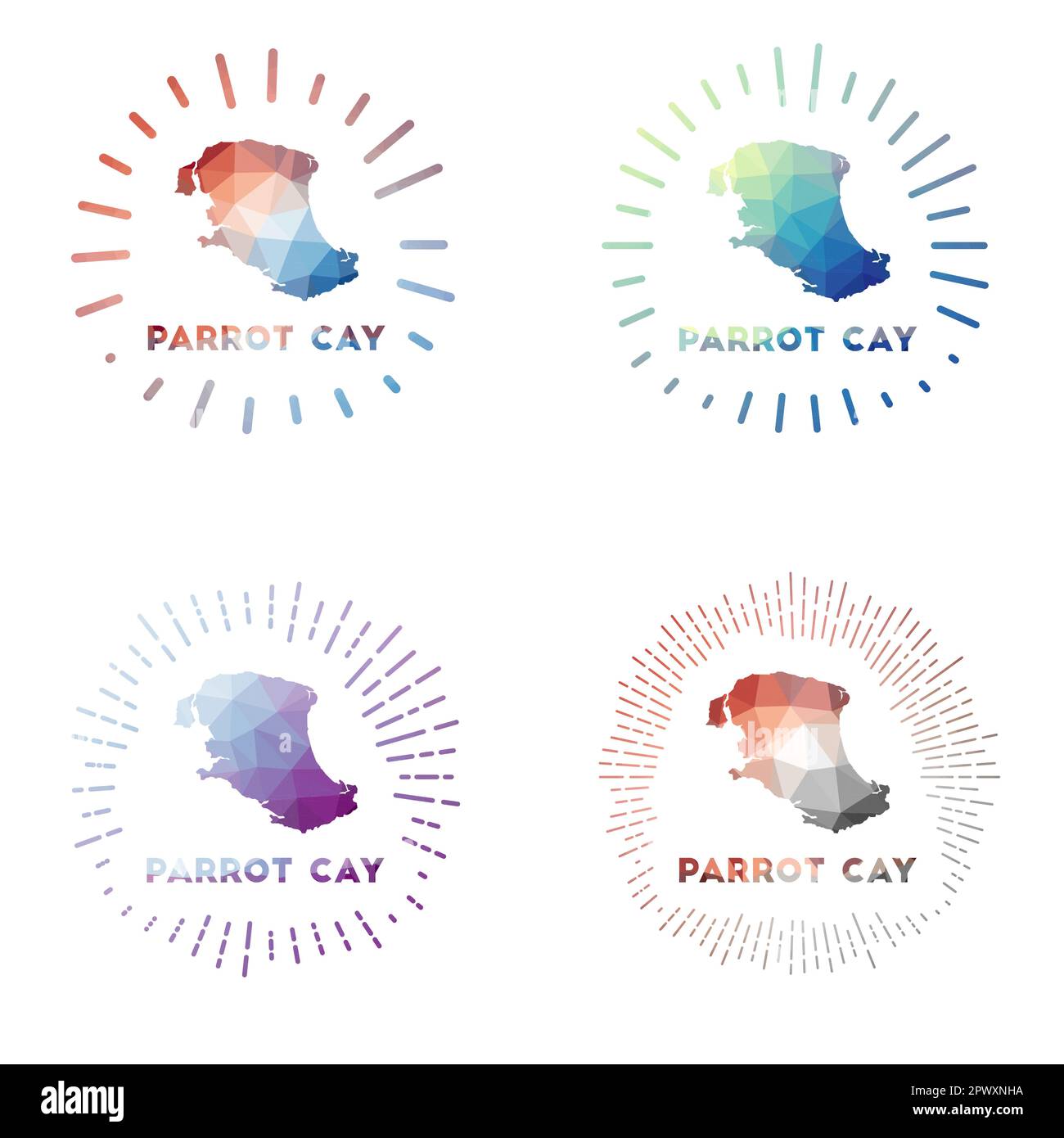 Parrot Cay low poly sunburst set. Logo of island in geometric polygonal ...