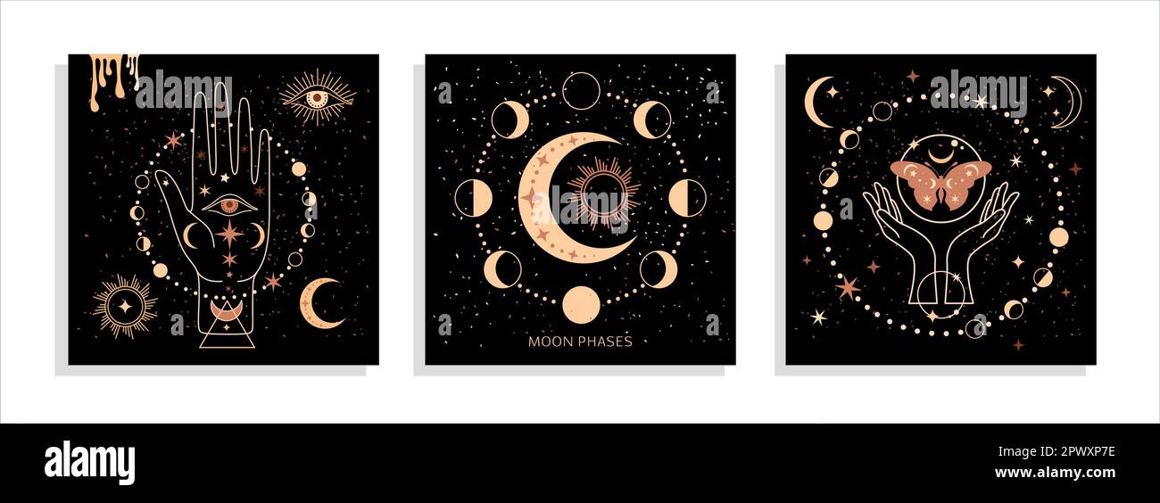 Banner set Mystical moon phases and woman hands and moth, alchemy ...