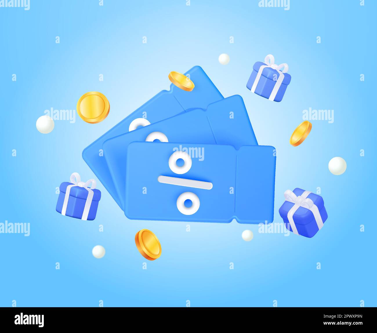 3d blue coupons with gifts, gift boxes with gold coins on blue isolated ...