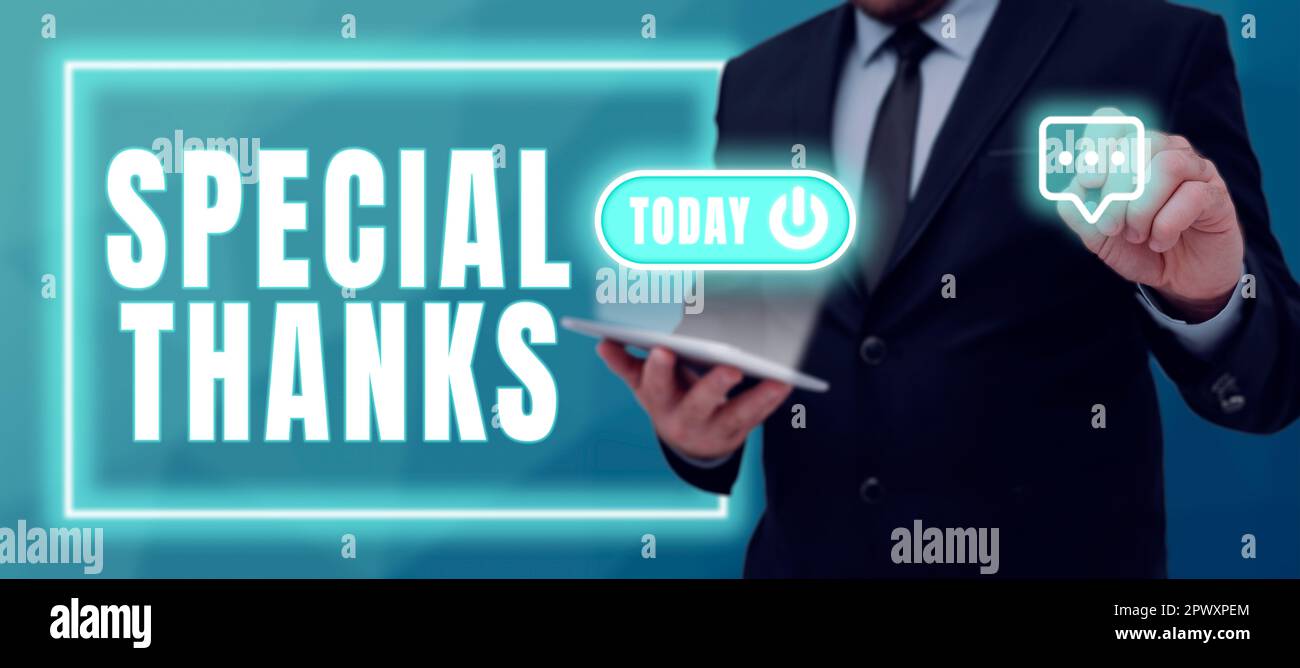 Hand writing sign Special Thanks, Business approach expression of ...