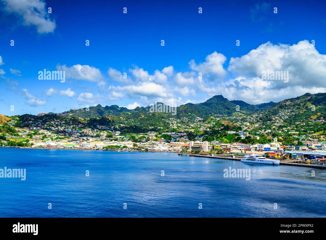 A view from the cruise terminal of Kingstown Harbor on St.Vincent Stock ...