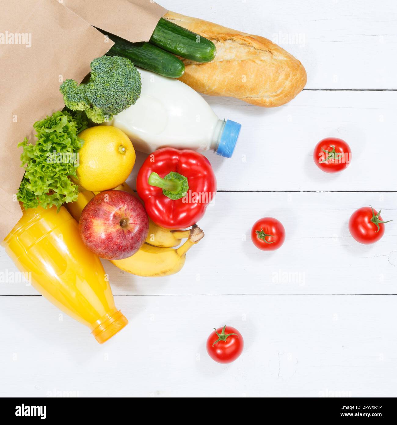 Food purchase purchases fruits and vegetables from above square wooden ...
