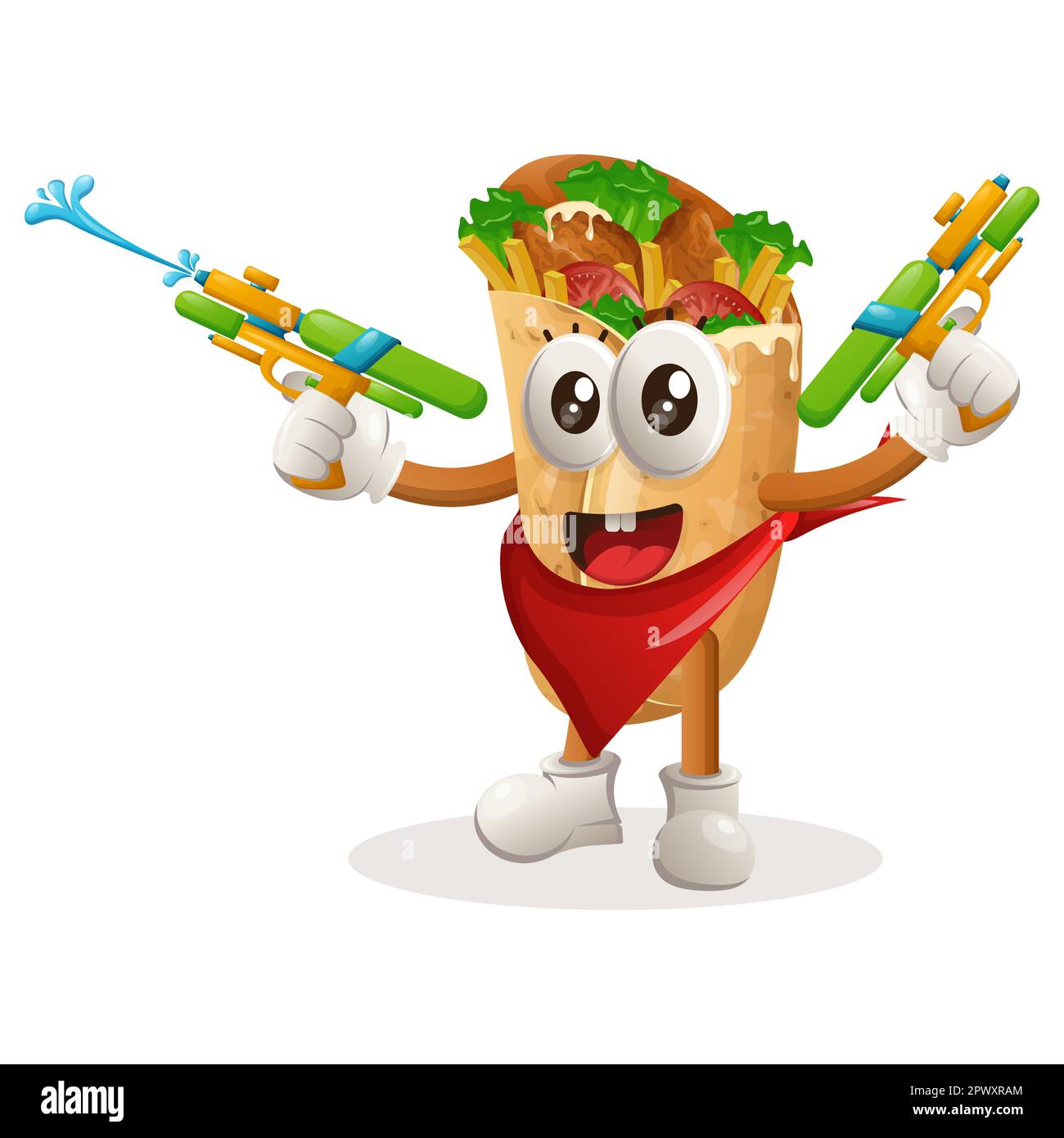 Cute burrito mascot playing with water gun toy. Perfect for food store ...
