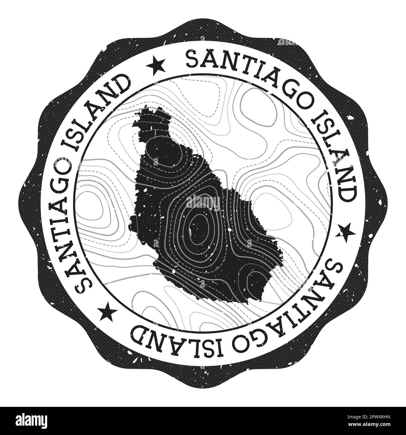 Santiago Island outdoor stamp. Round sticker with map with topographic ...
