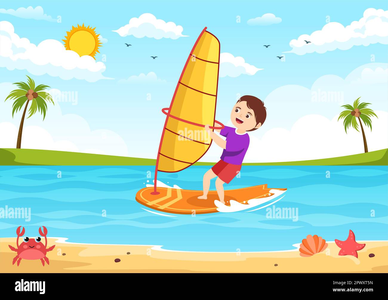 Windsurfing with Kids Standing on the Sailing Boat and Holding the Sail ...