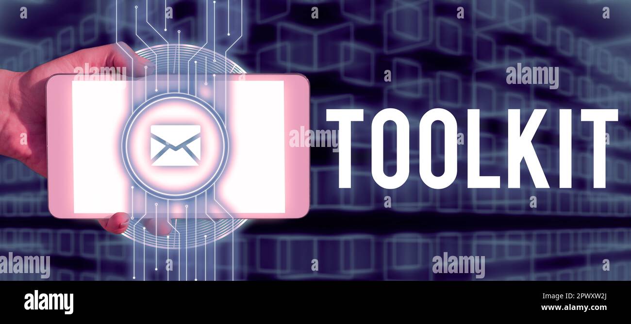 Text caption presenting Toolkit, Internet Concept set of tools kept in ...