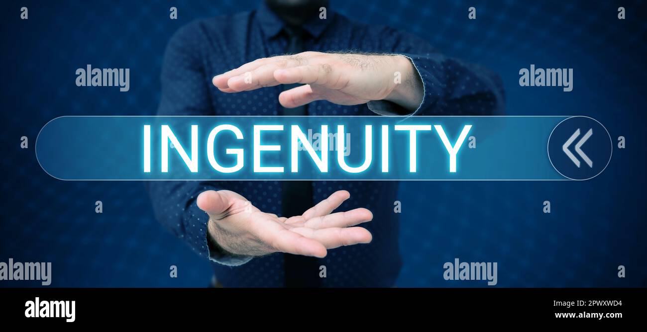 Hand writing sign Ingenuity, Concept meaning the quality of being ...