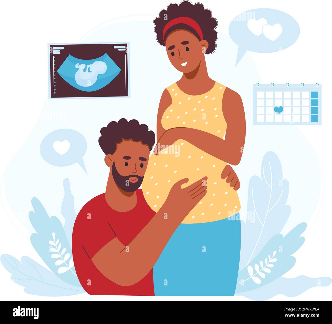 Happy family. Ethnical dark skin couple expecting baby. Pregnant woman and husband with first ...