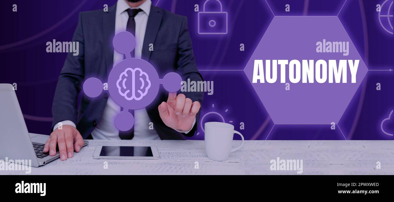 Hand writing sign Autonomy, Business overview vehicle that can guide itself without human ...