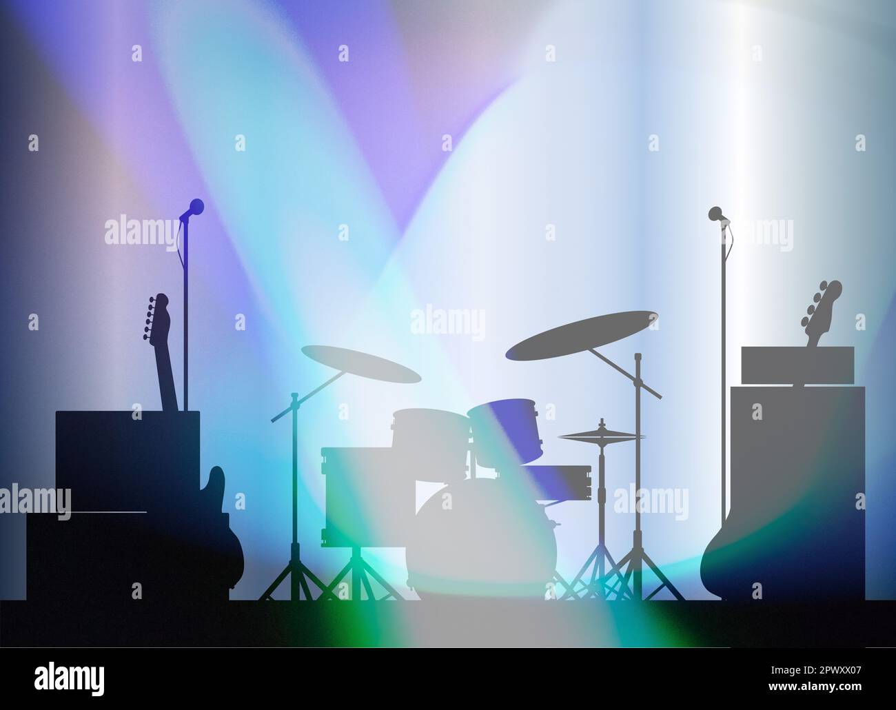 Silhouette of a rock bands equipment on stage caught in the spotlights ...
