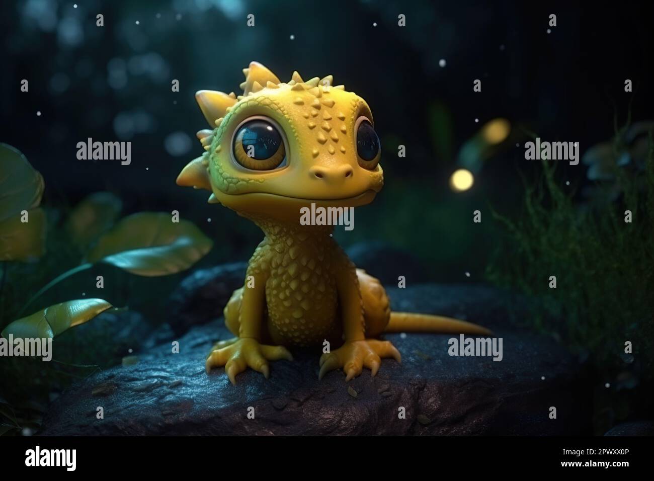 a cute adorable baby dragon lizard at night by rain 3D Illustation stands in nature in the style ...