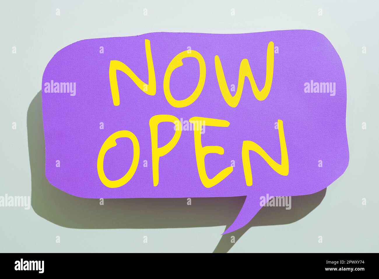 Text caption presenting Now Open, Word Written on leave door or windows ...