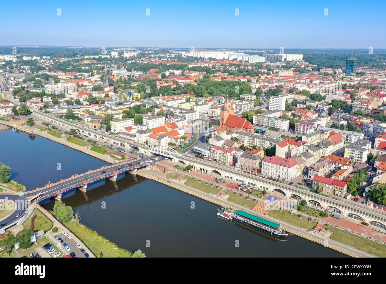 Aerial view of Gorzów Wielkopolski town city at river Warta travel in ...