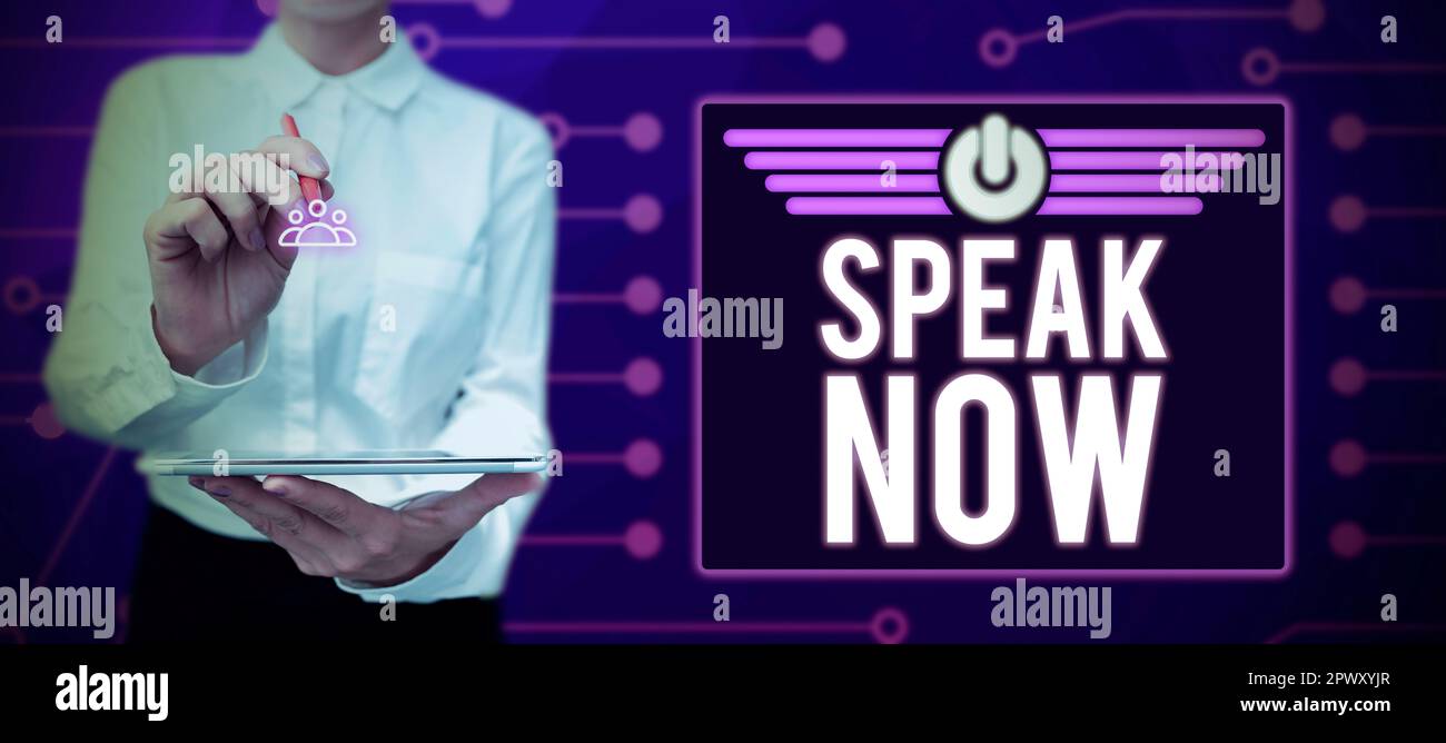 Hand writing sign Speak Now, Internet Concept Communicate to us your feelings and information ...