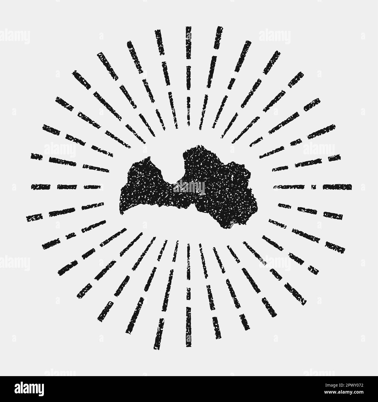 Vintage map of Latvia. Grunge sunburst around the country. Black Latvia shape with sun rays on ...