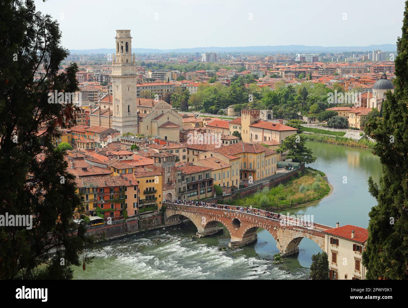 Verona City in Italy and old Stone Bridge called PONTE PIETRA over ...