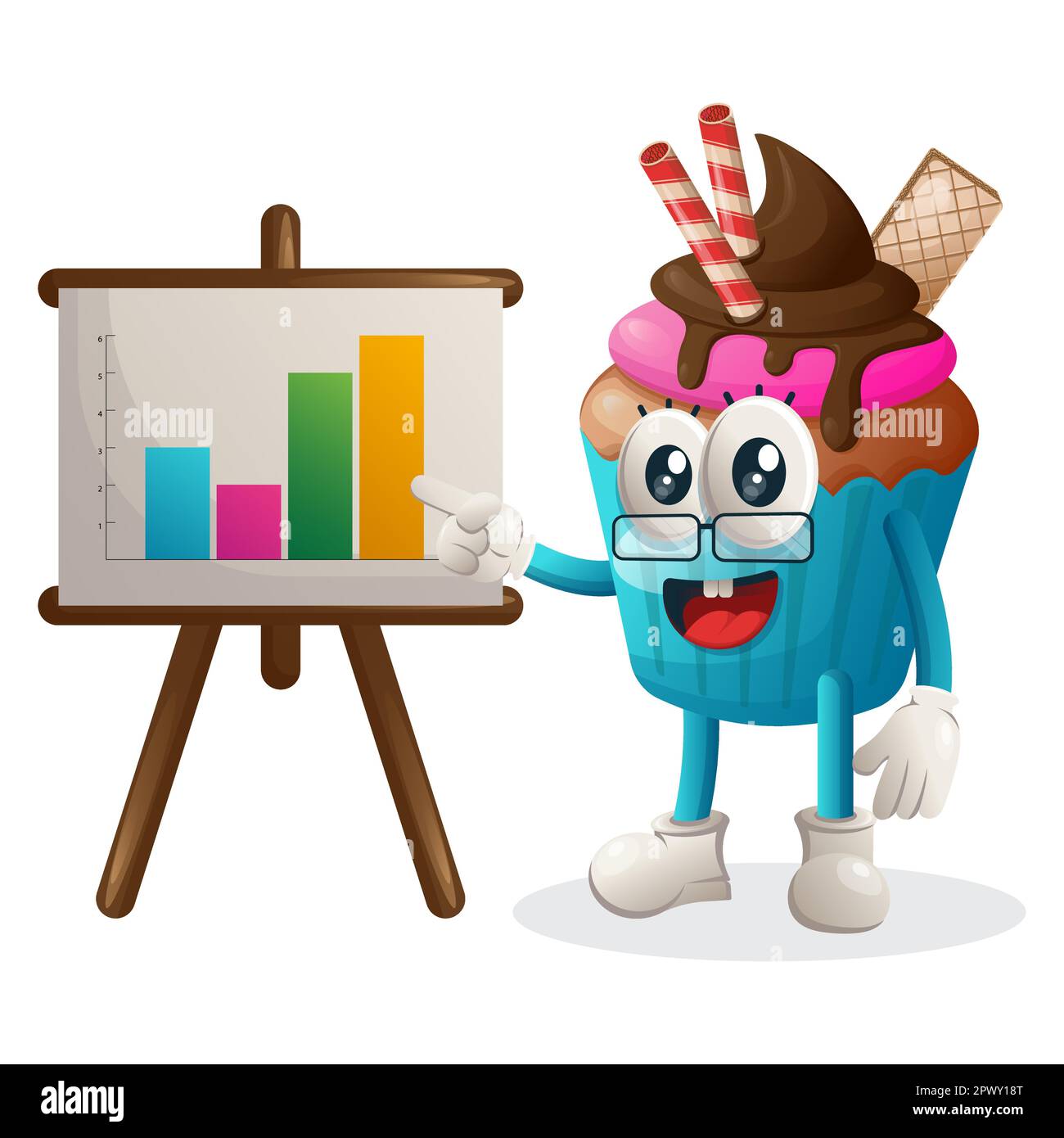 Cute cupcake mascot gives report presentation, shows column graphics ...