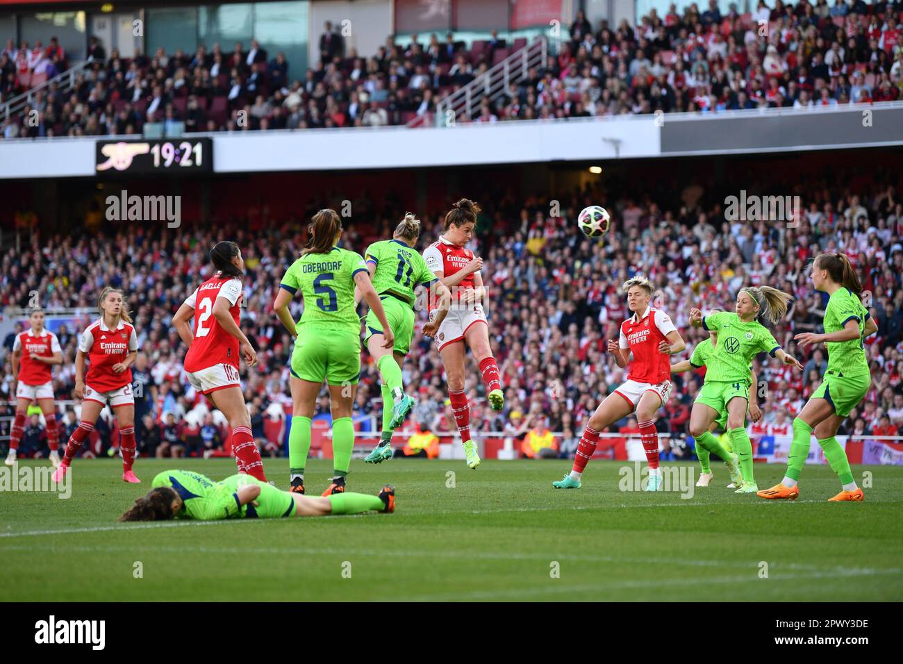 London, England on 1 May 2023. Jennifer Beattie of Arsenal Women heads ...