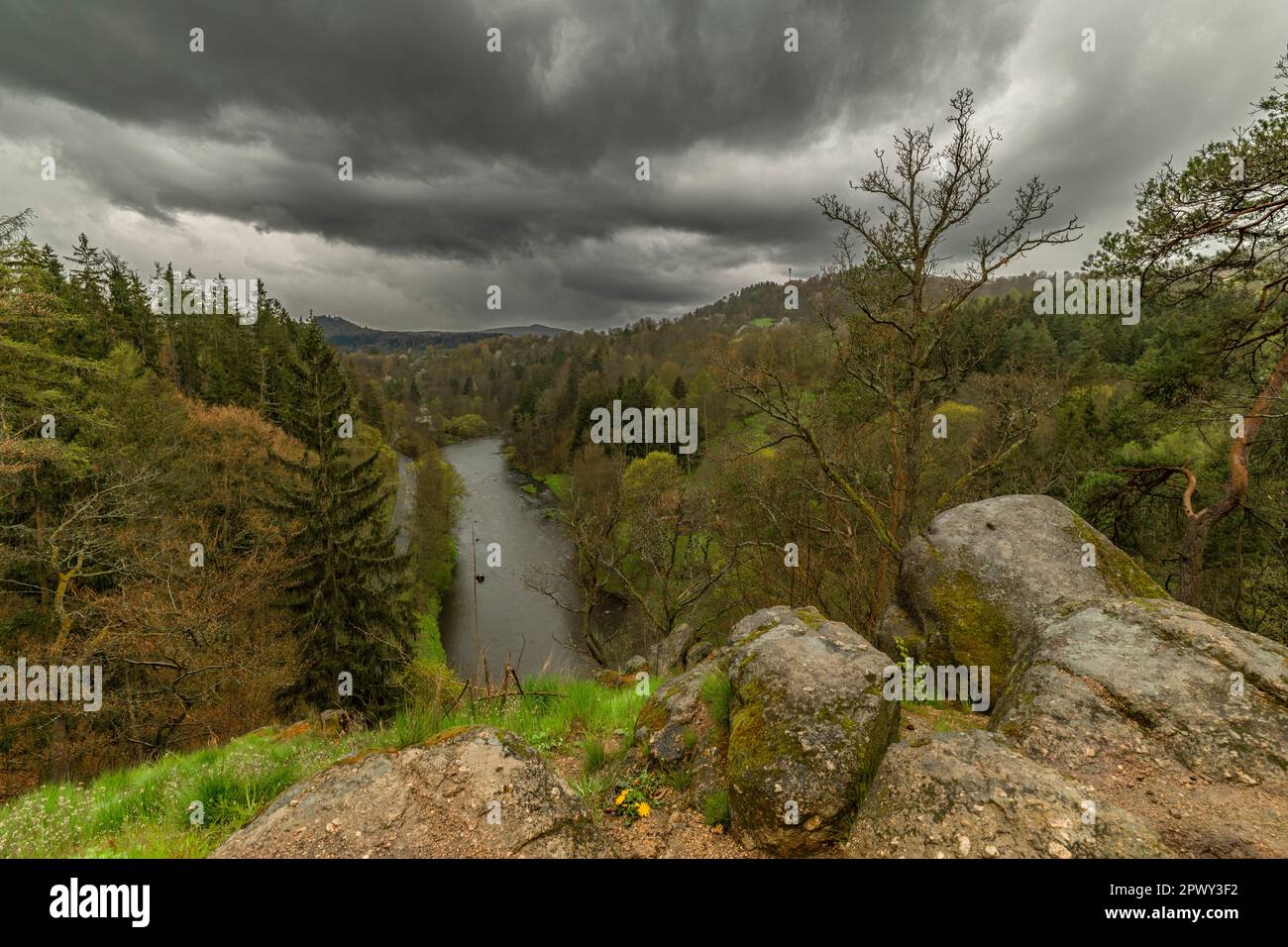 Valley of river Ohre view from old chapel in rainy spring cloudy fresh ...