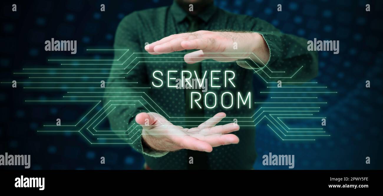 Hand writing sign Server Room, Word Written on a room used to store ...