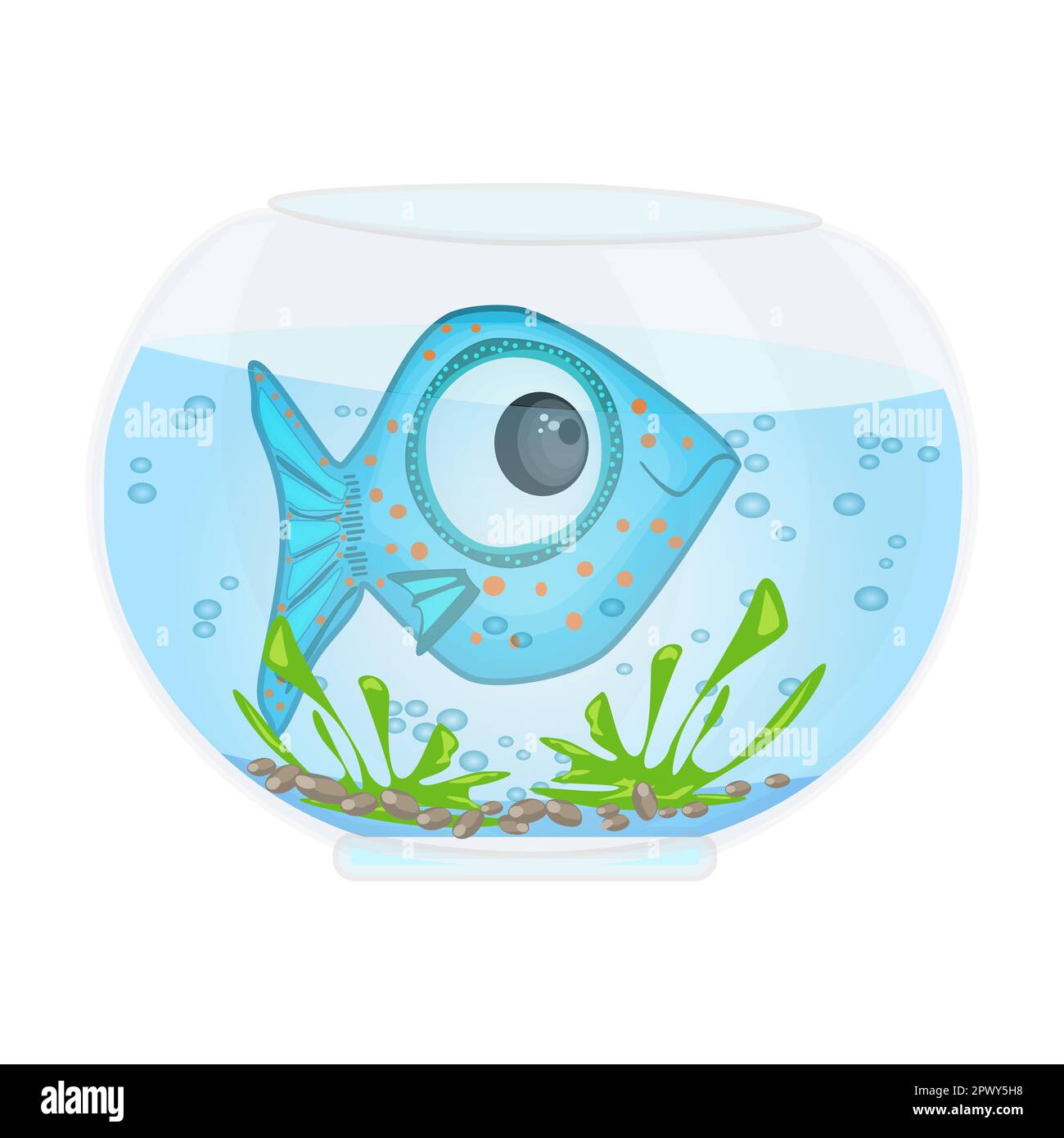 Cartoon fishbowl with funny blue fish, water, seaweed, algae, stones ...