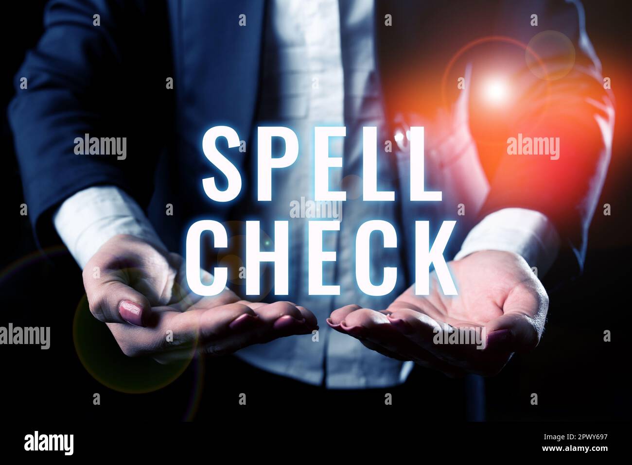 Writing displaying text Spell Check, Concept meaning to use a computer program to find and ...