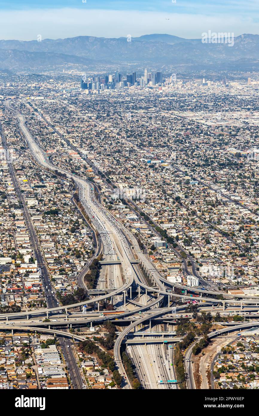 Aerial view of highway interchange Harbor and Century Freeway traffic ...