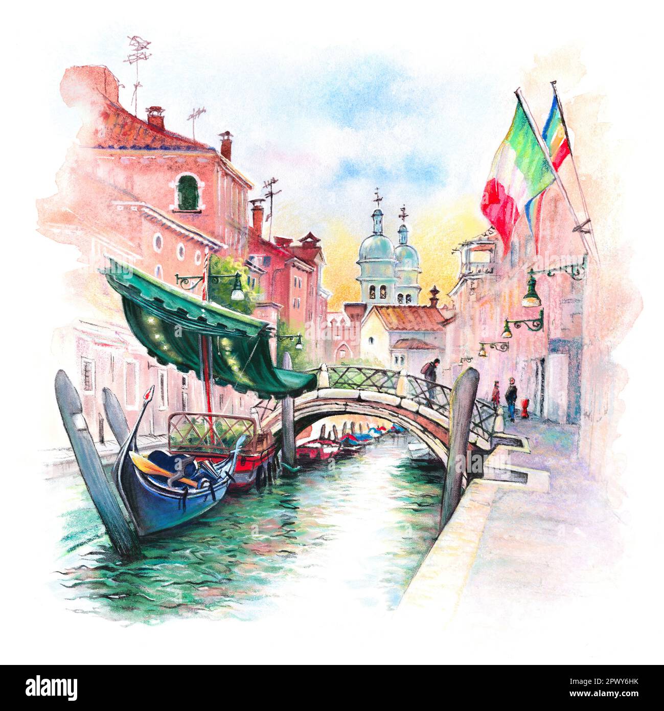 Watercolor Sketch Of San Barnaba Canal Bright Houses And Gondolas At