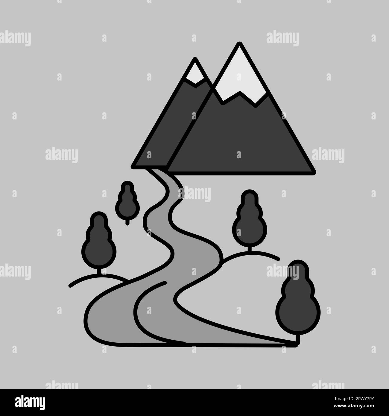 Mountain and river vector isolated grayscale icon. Nature sign. Graph ...