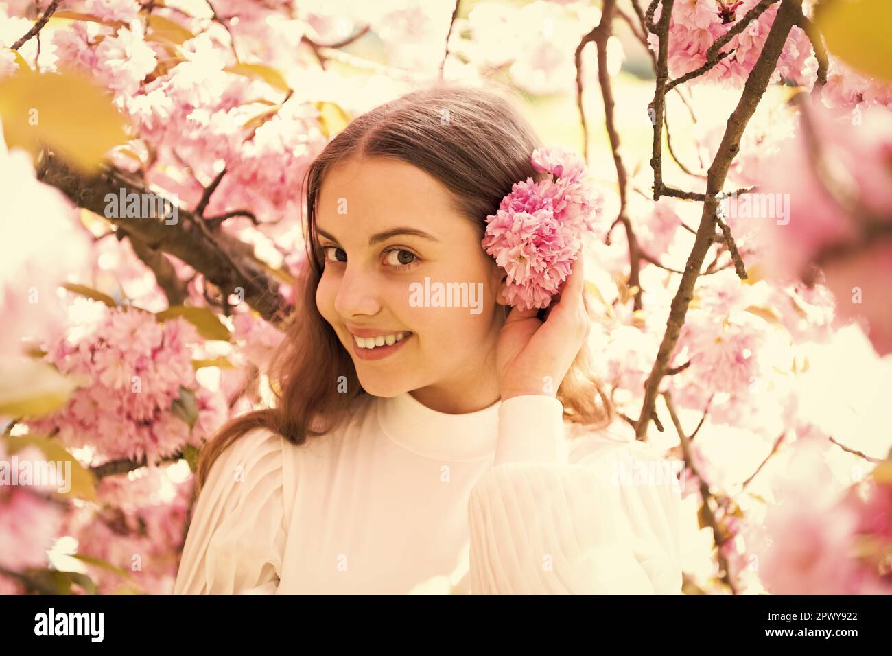positive teen girl at sakura flower bloom in spring Stock Photo - Alamy