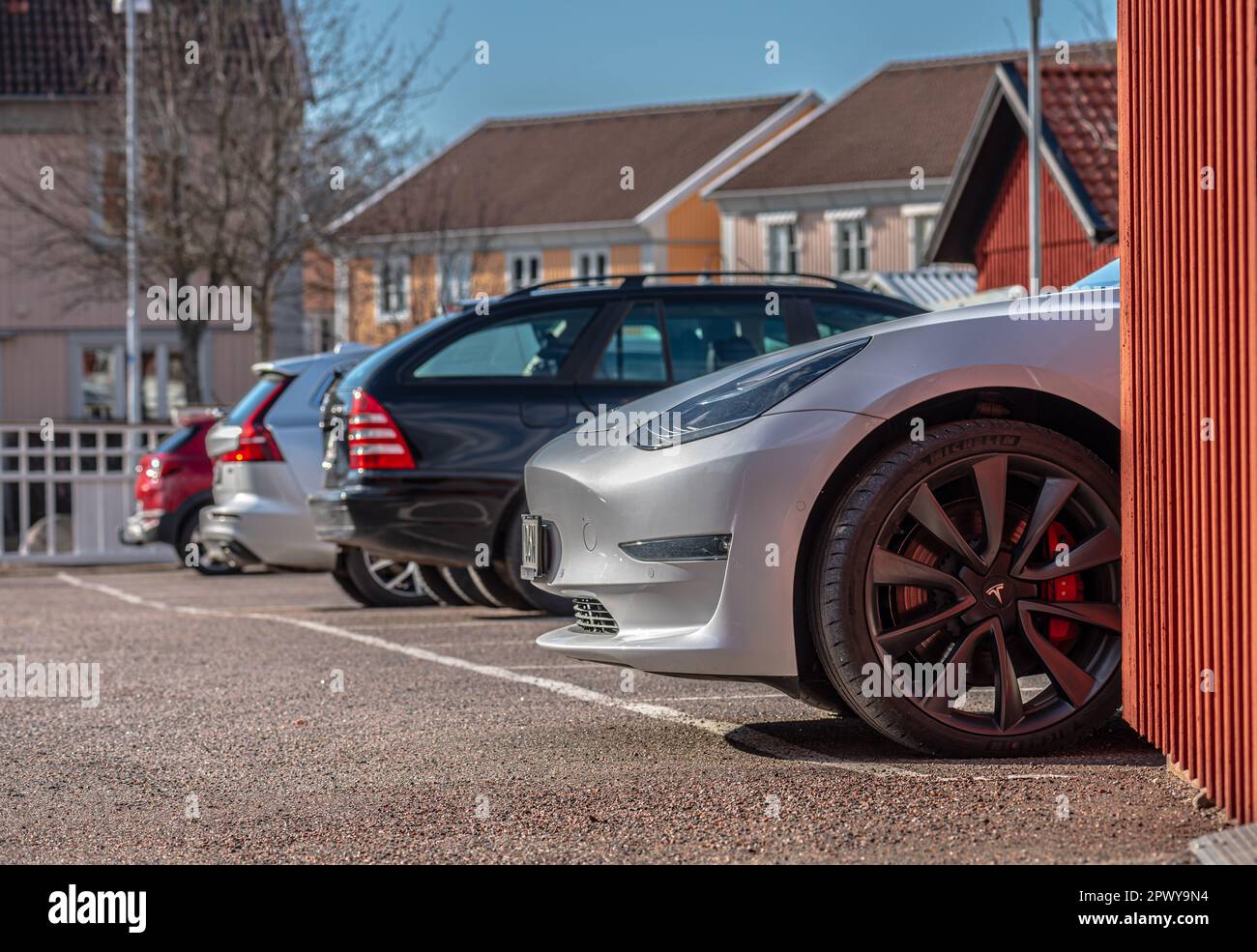 Gothenburg, Sweden - March 16 2021: Front of a Tesla Model 3 lokking ...