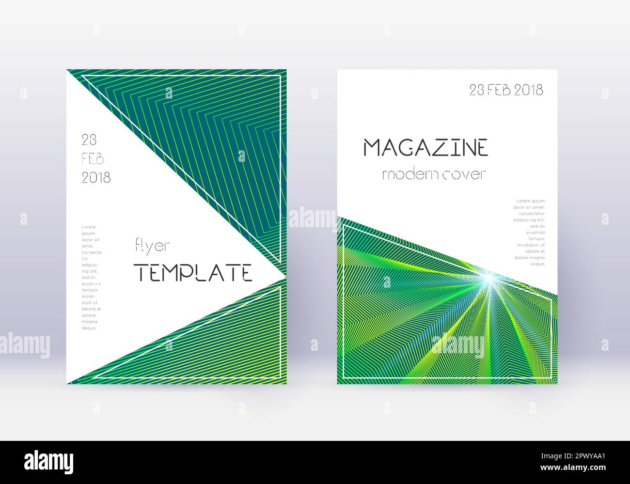 Triangle cover design template set. Green abstract lines on dark ...
