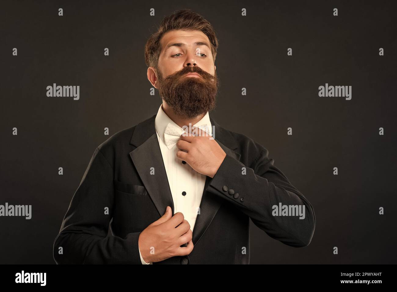 bearded groom in tuxedo on black background, suit Stock Photo - Alamy