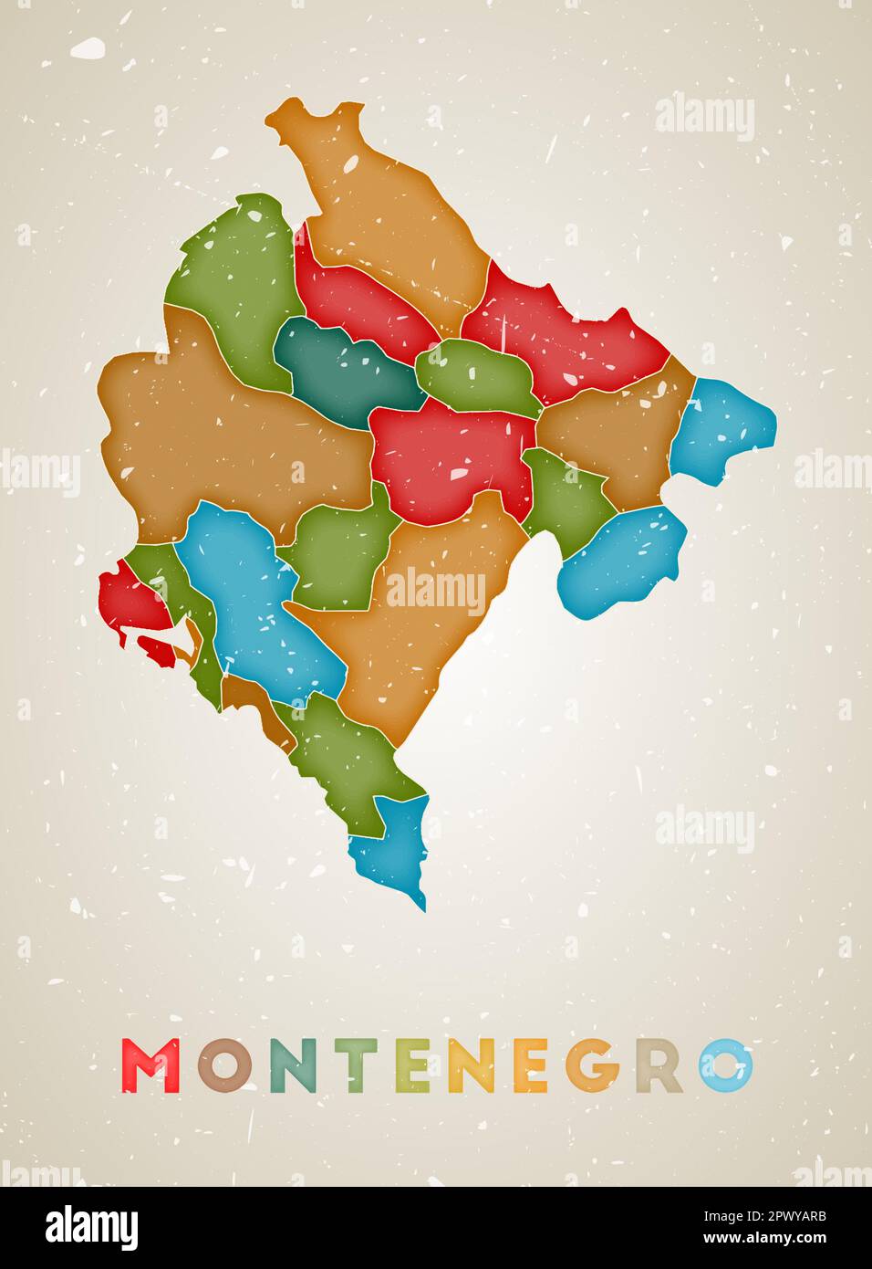 Montenegro map. Country poster with colored regions. Old grunge texture ...
