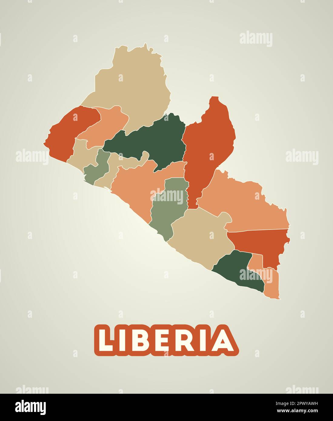 Liberia poster in retro style. Map of the country with regions in ...