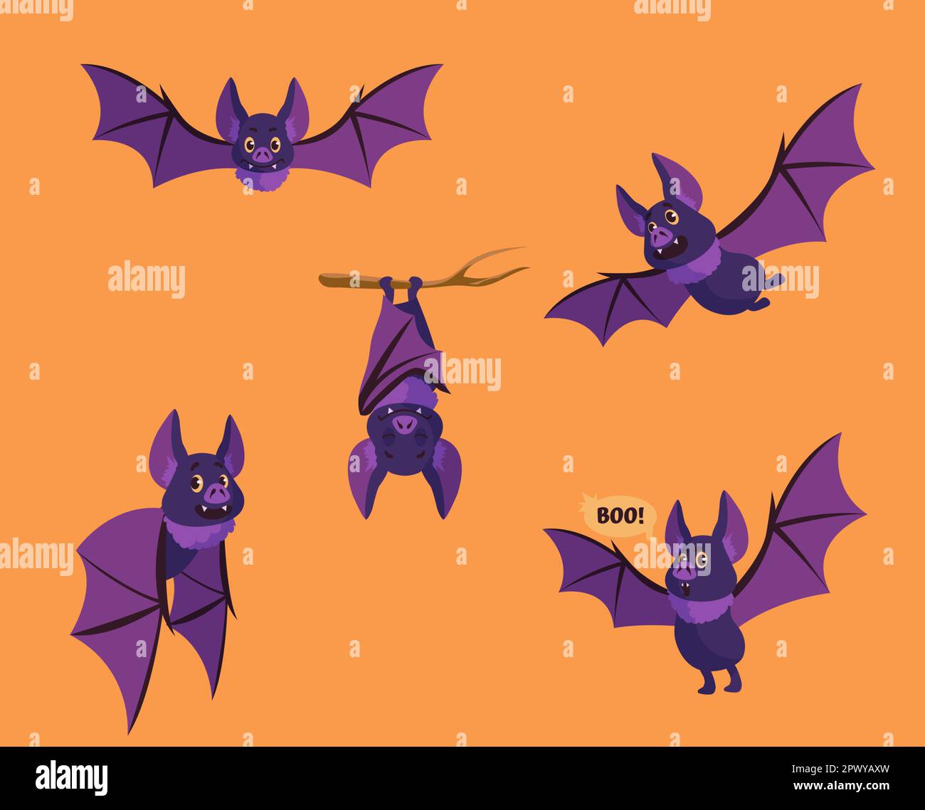 Halloween bats. Wild flying animal. Cartoon cute character. Flittermouse sleeping and hanging on ...