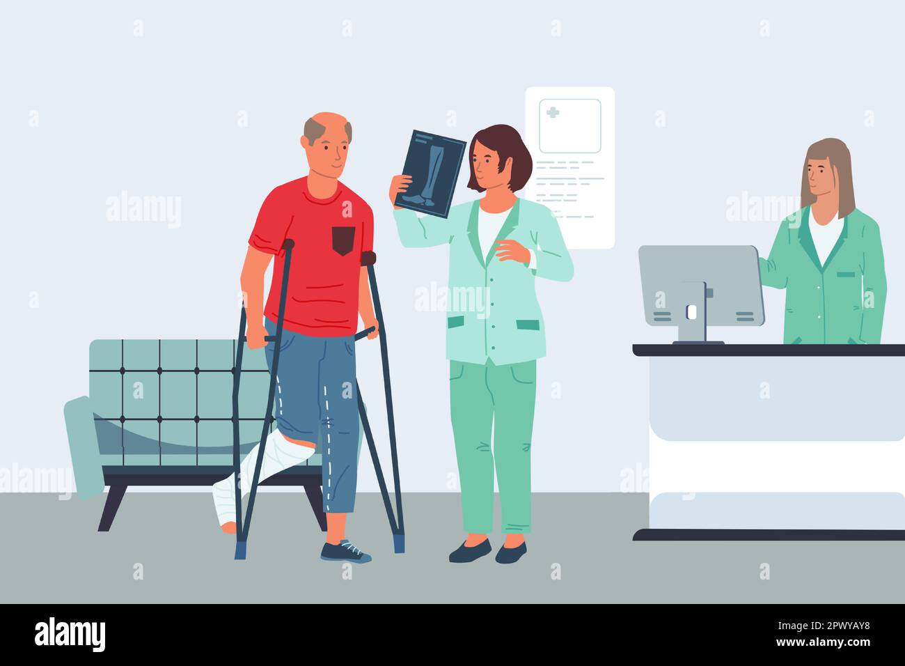 Patient examination. Injured man visiting doctor in hospital. Broken ...