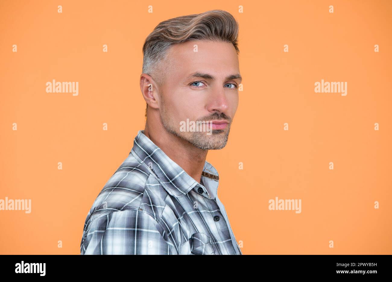 mature man with hoary hair on yellow background Stock Photo - Alamy