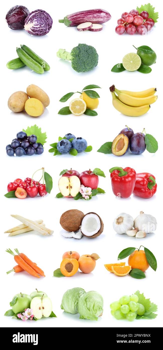 Fruits and vegetables collection isolated on white with apple tomatoes ...