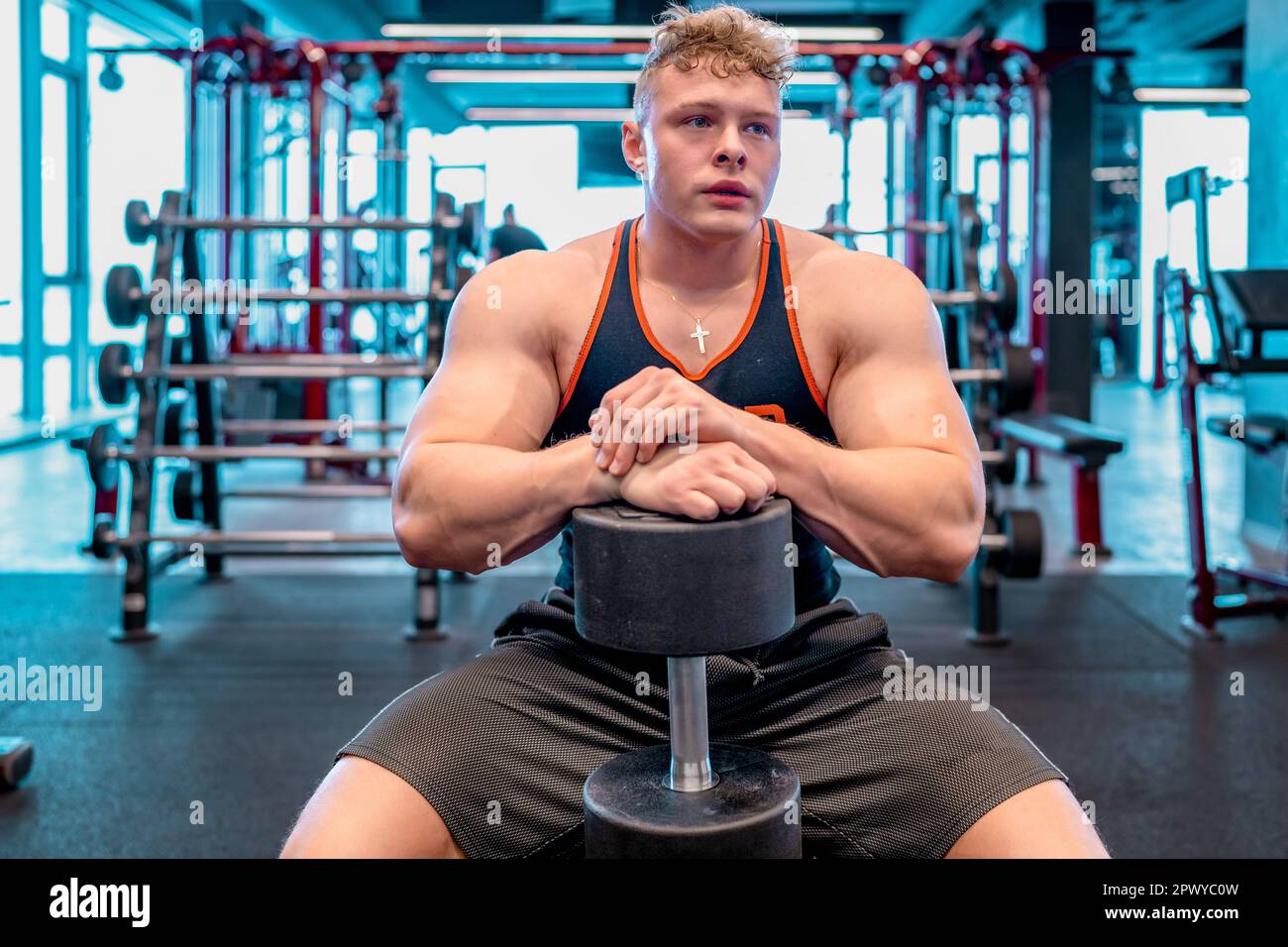 Bodybuilder resting between exercises hi-res stock photography and ...