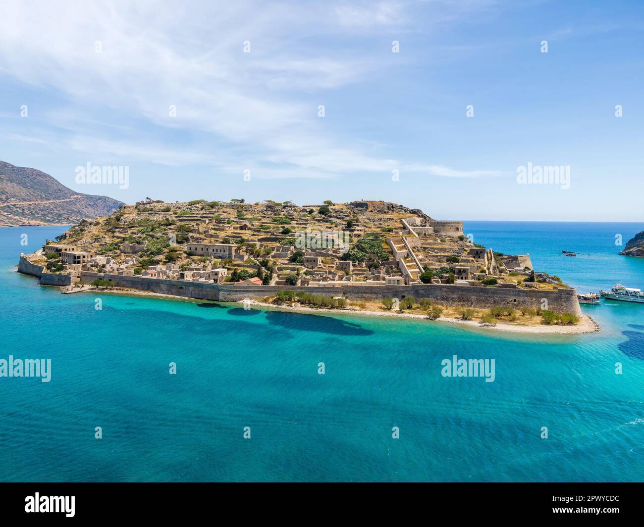 Aerial drone view of an old Venetian fortress island and former Leper ...