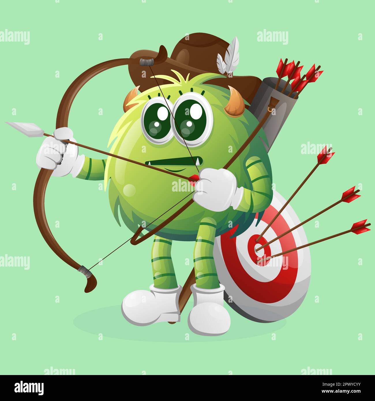 Cute green monster playing archery. Perfect for kids, small business or ...