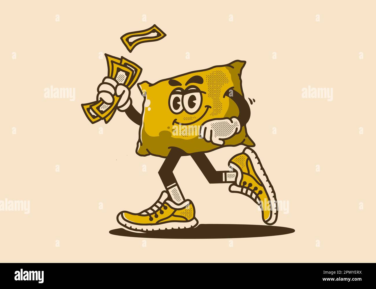Vintage mascot character design of walking pillow holding money Stock ...