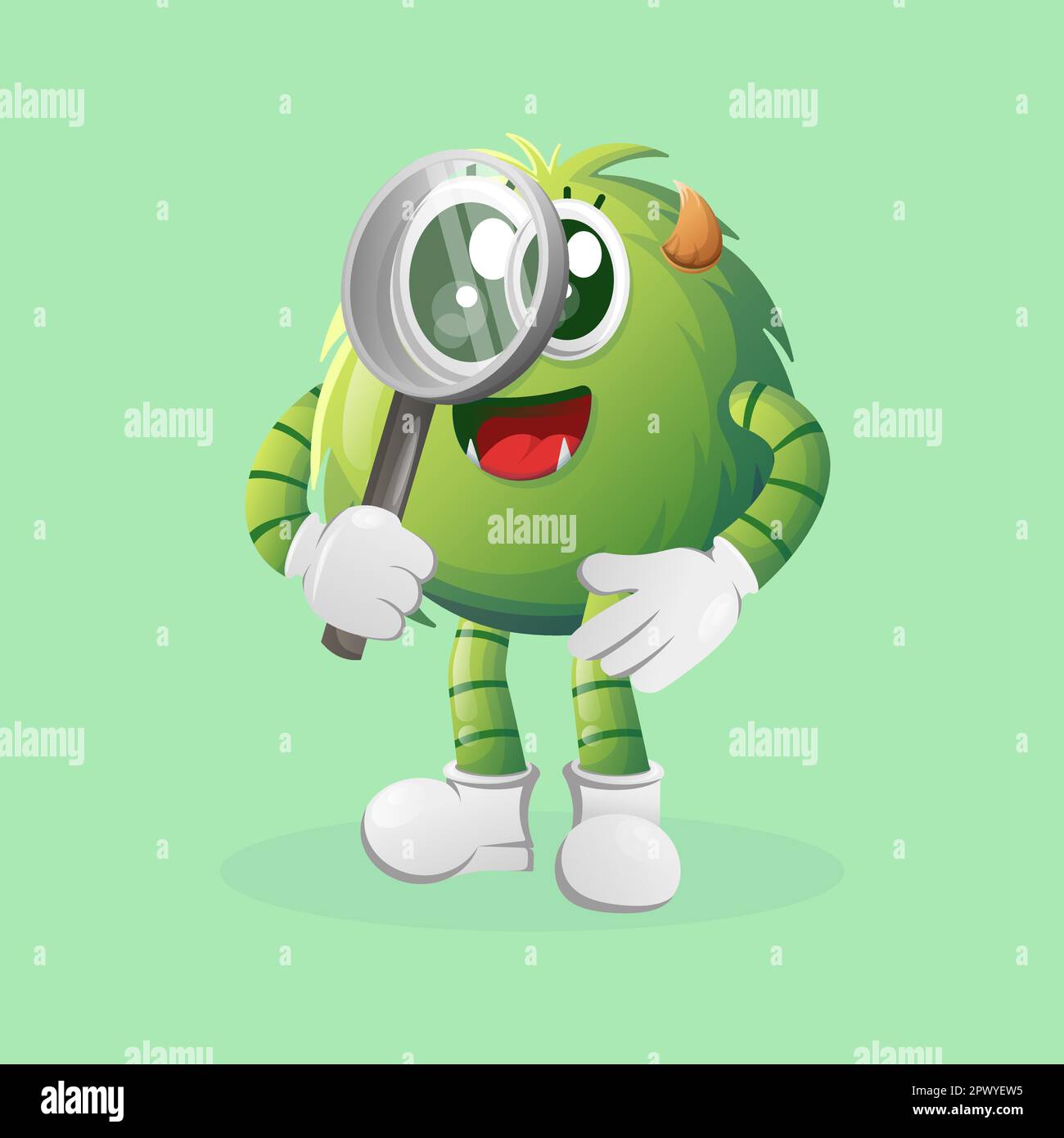 Cute green monster conducting research, holding a magnifying glass ...