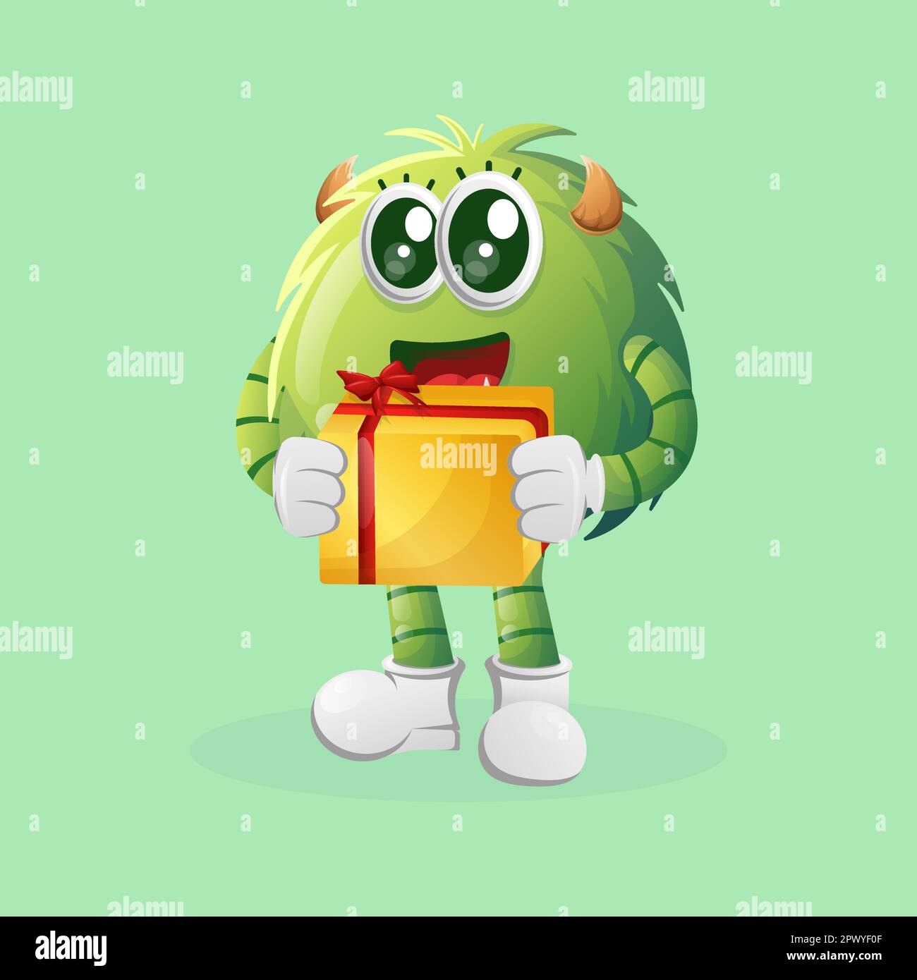 Cute green monster holding gift box. Perfect for kids, small business ...